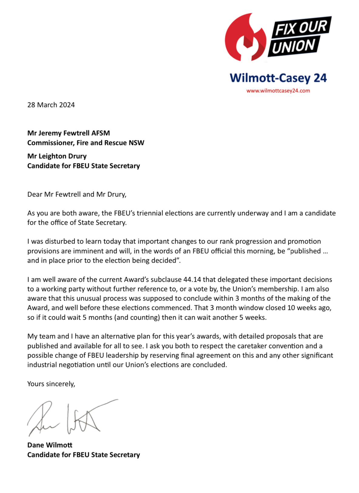 Letter out – Caretaker convention – Wilmott-Casey 24